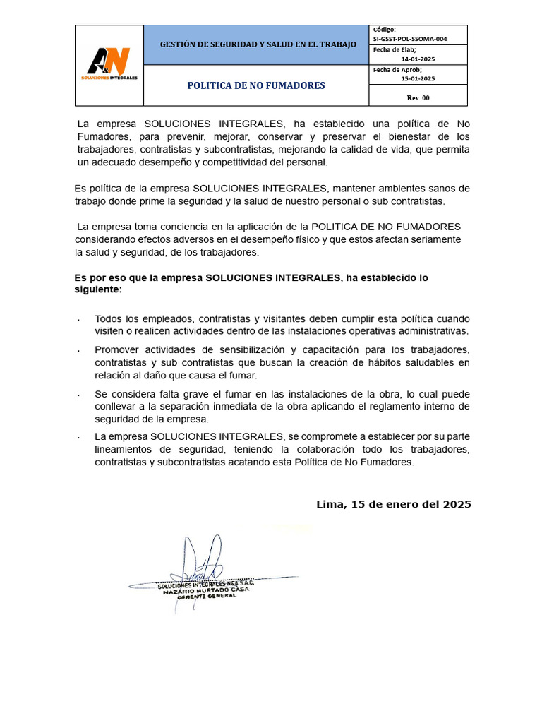 4-POLITICA DE NO FUMADORES, 2025-SOL. INT. | PDF
