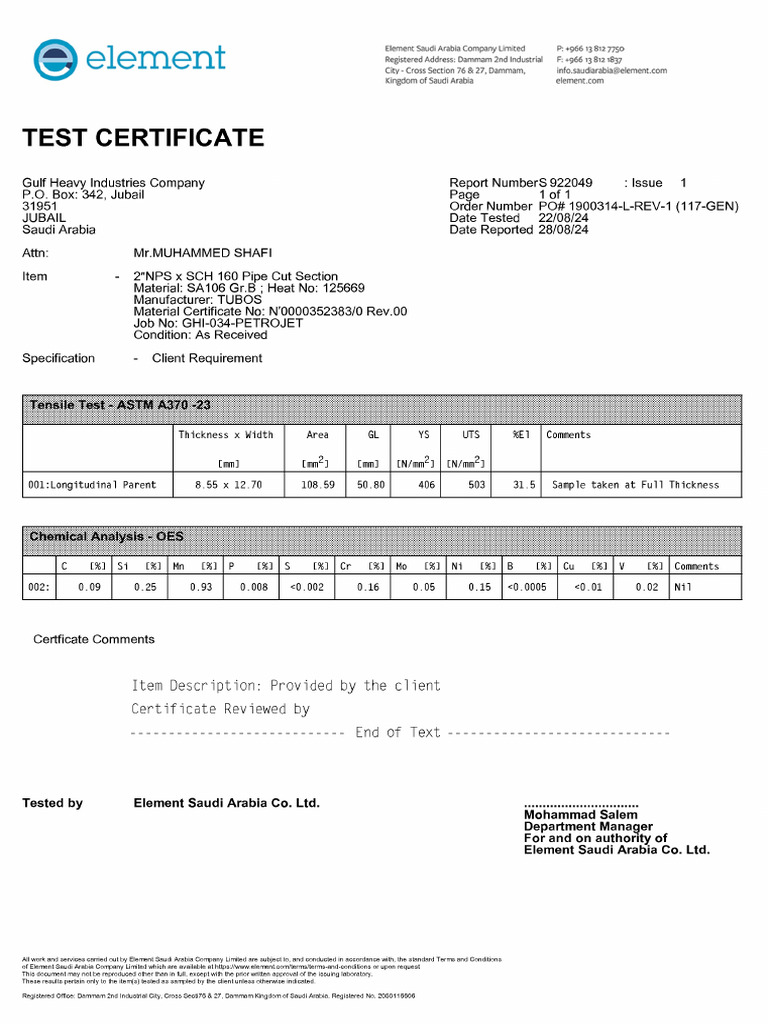 SA106 Gr.B Pipe Test Certificate | PDF | Materials Science | Mechanical ...