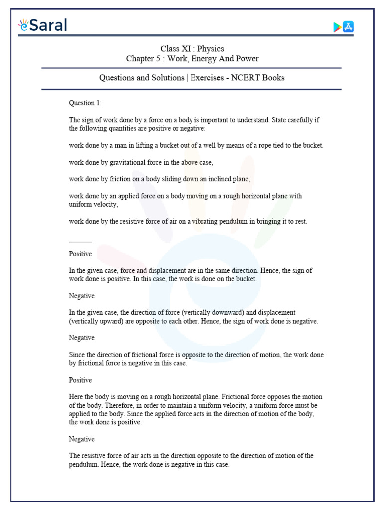 NCERT Solutions Class 11 Physics Chapter 5 Work, Energy and Power PDF | PDF | Force | Friction