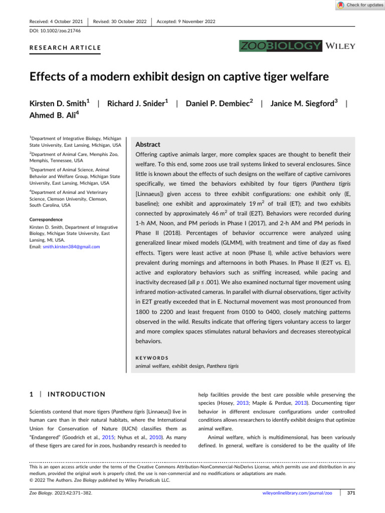 Smith Et Al 2022 - Effects of A Modern Exhibit Design On Captive Tiger ...