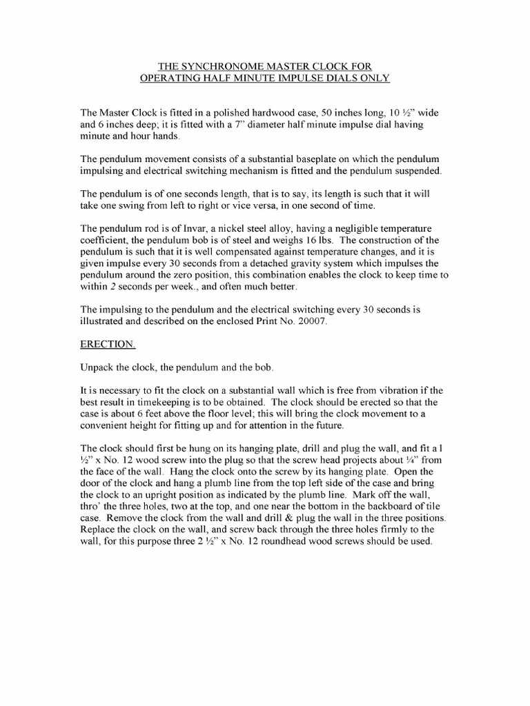 Synchronome Master Clock Setup Guide | PDF | Pendulum | Clock