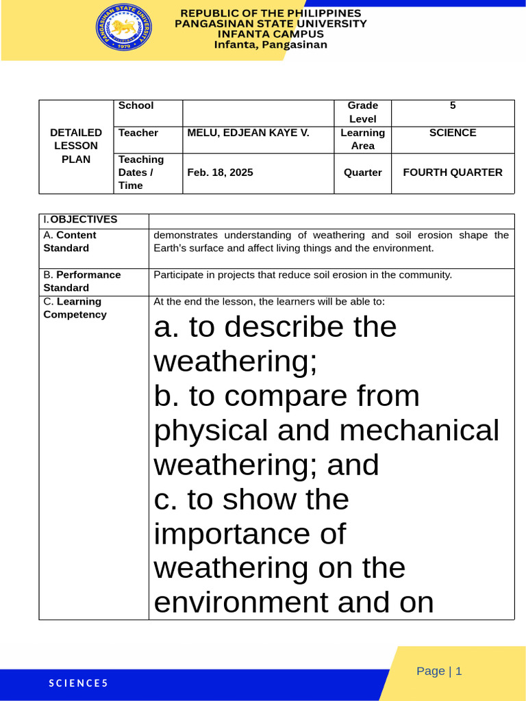 Lesson Plan on Weathering and Erosion | PDF | Sediment | Rock (Geology)