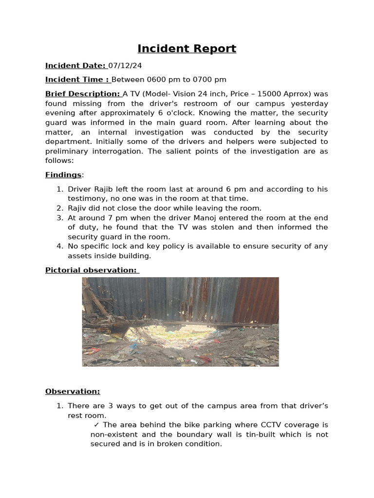 incident report | PDF | Closed Circuit Television | Crimes