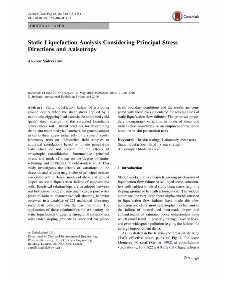 Static Liquefaction Analysis Considering Principal Stress Directions and Anisotropy (Sadrekarimi ...