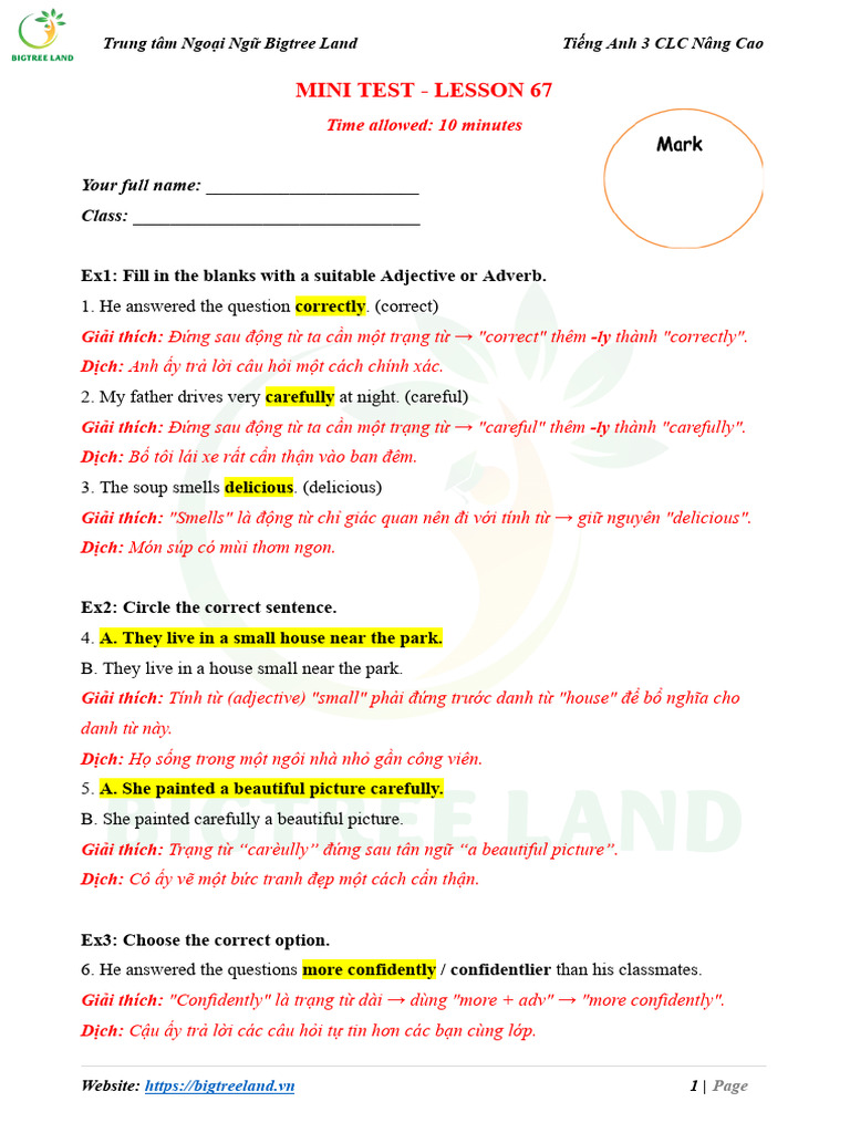 Key - Mini Test Lesson 67 | PDF