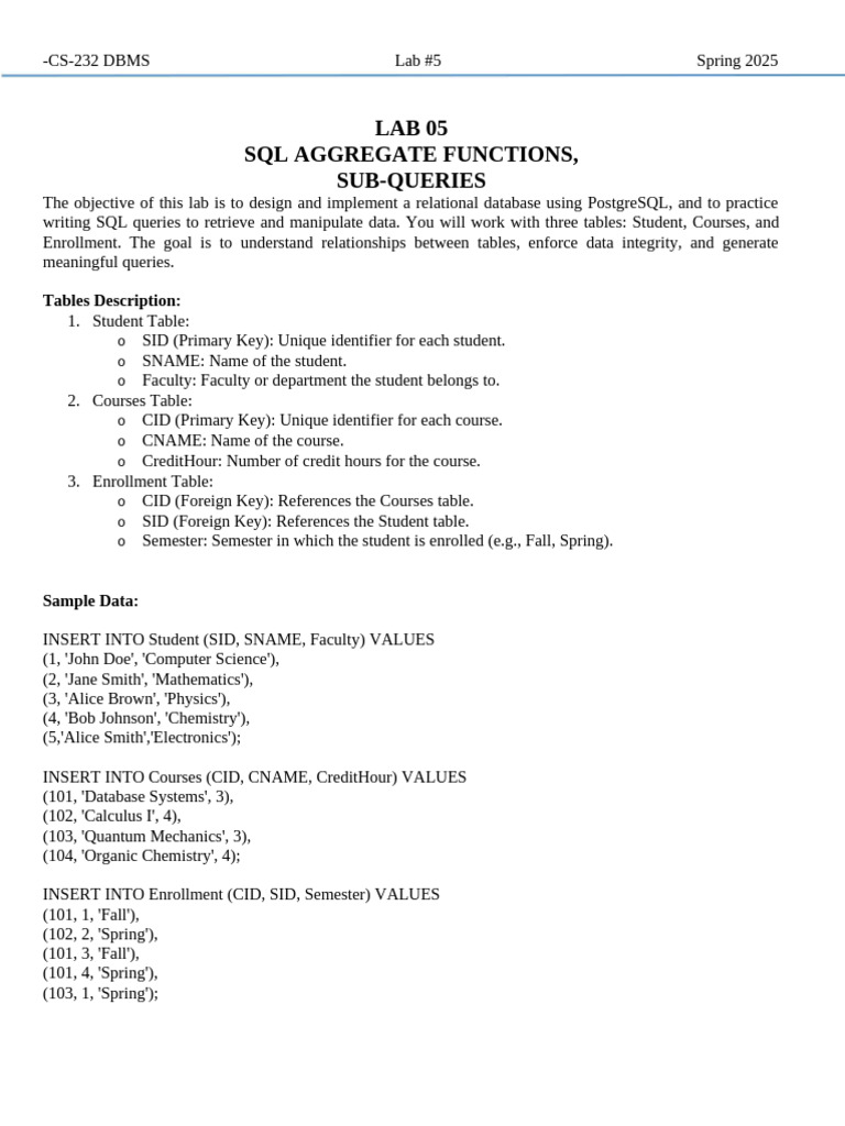DBMS Lab 5 Tasks | PDF