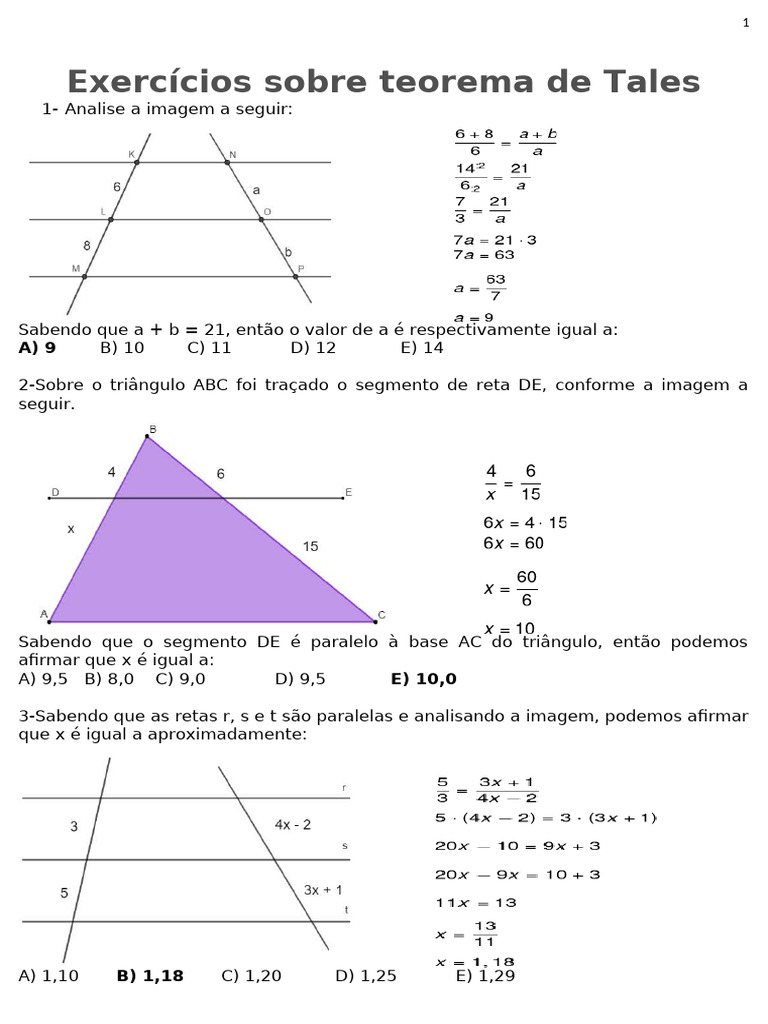 Exercícios sobre Teorema de Tales | PDF