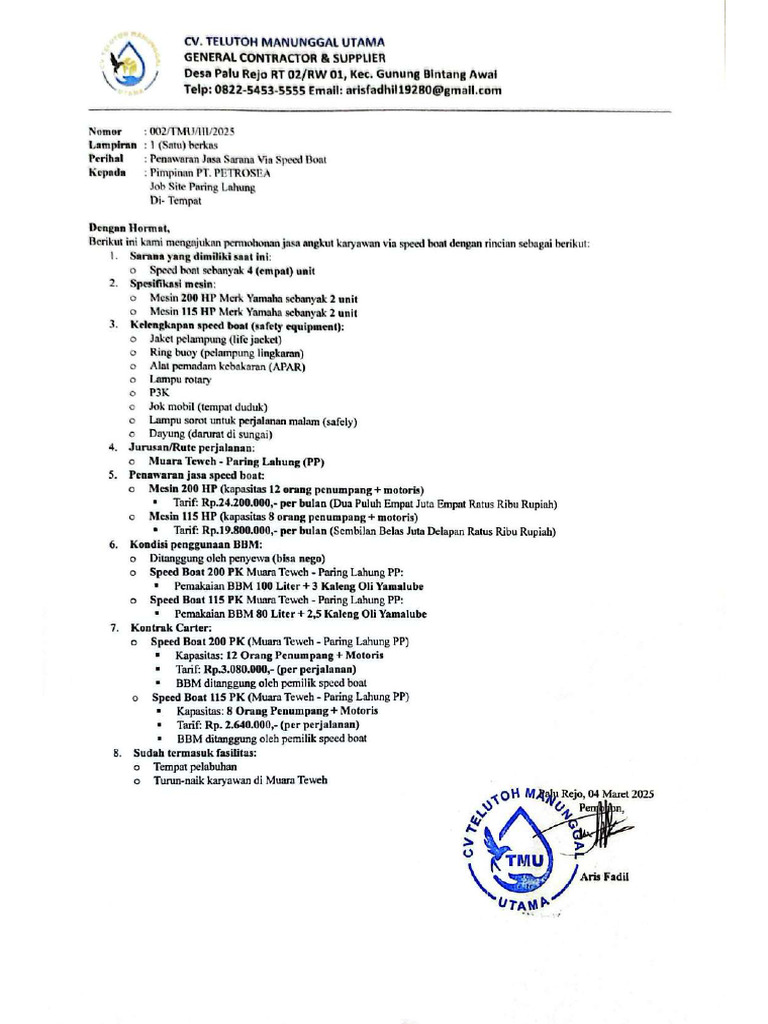 Penawaran Jasa Sarana via Speed Boat | PDF