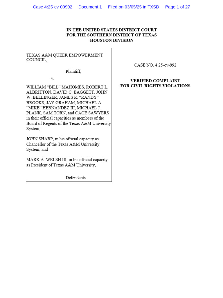 Complaint - Texas A&m Queer Empowerment Council v. Mahomes, Et Al | PDF ...