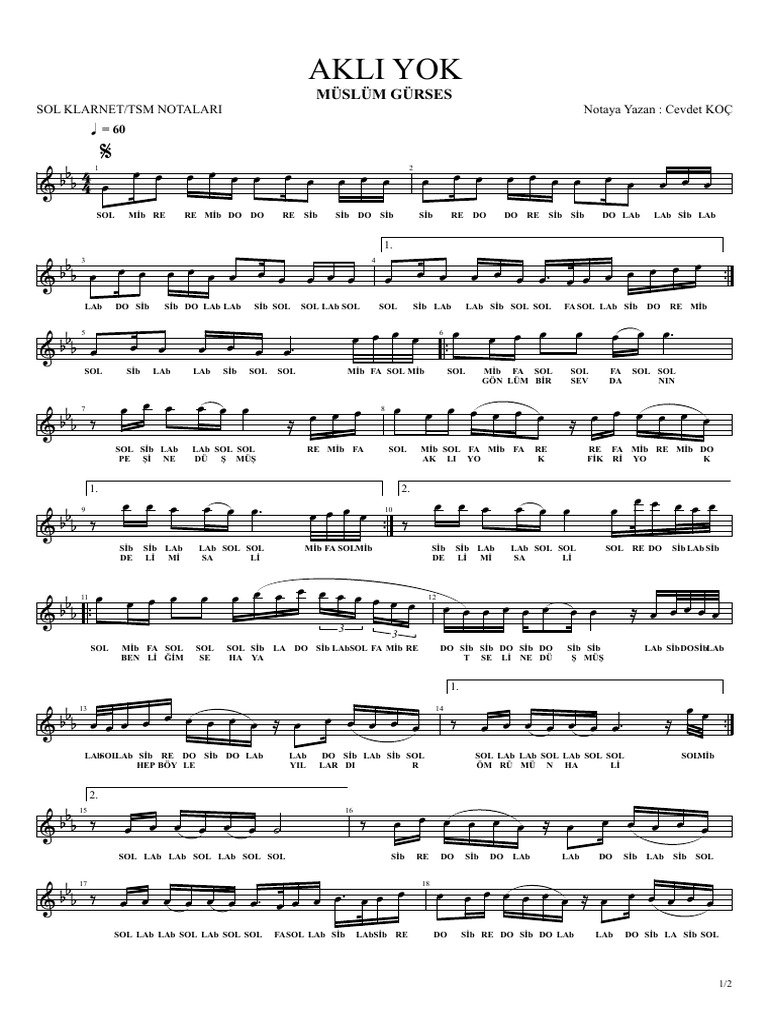 Akli Yok - Müslüm Gürses Klarnet | PDF