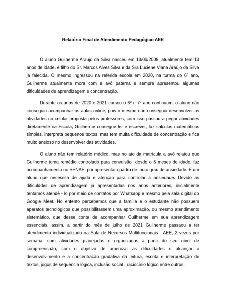 Relatorio Final de Atendimento Pedagógico AEE | PDF