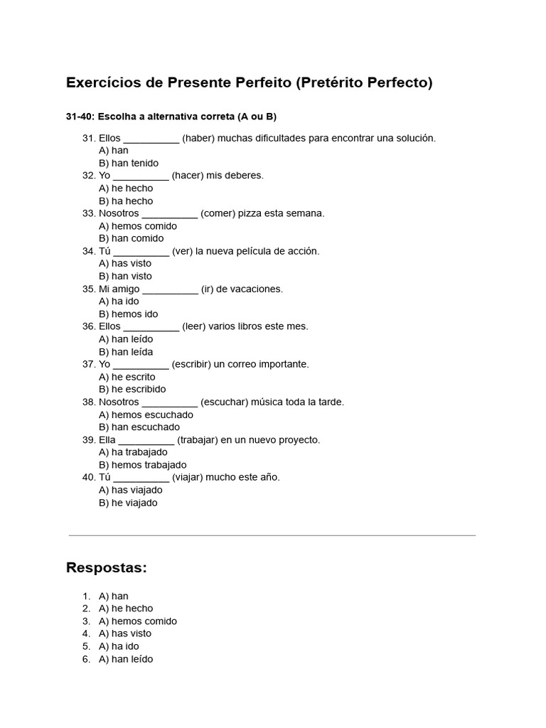 Ejercicios de Presente Perfecto | PDF