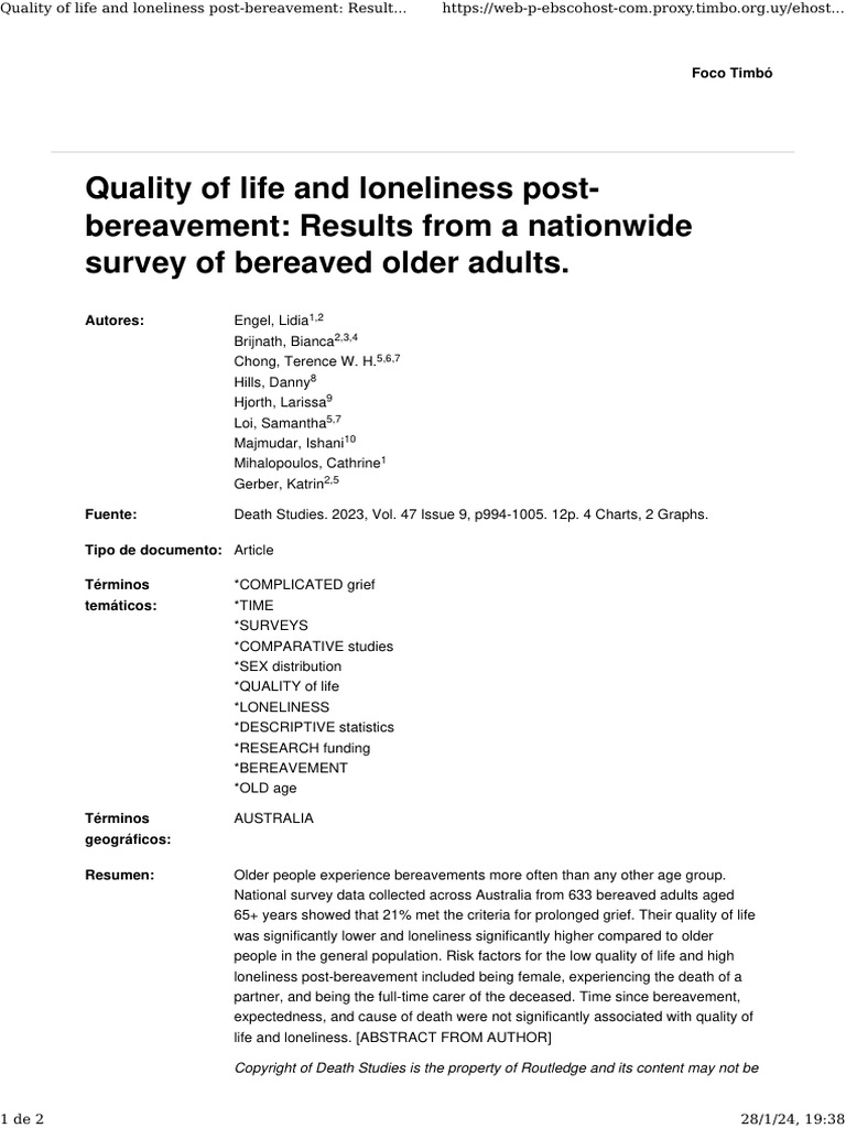 2023 Quality of Life and Loneliness Post-Bereavement Results From A ...