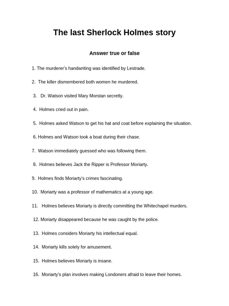 The Last Sherlock Holmes Story - Unit 2 Worksheet True-False | PDF