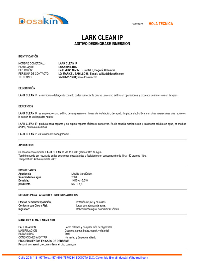 Lark Clean Ip: Aditivo Desengrase Inmersion | PDF | Agua | Sustancias ...