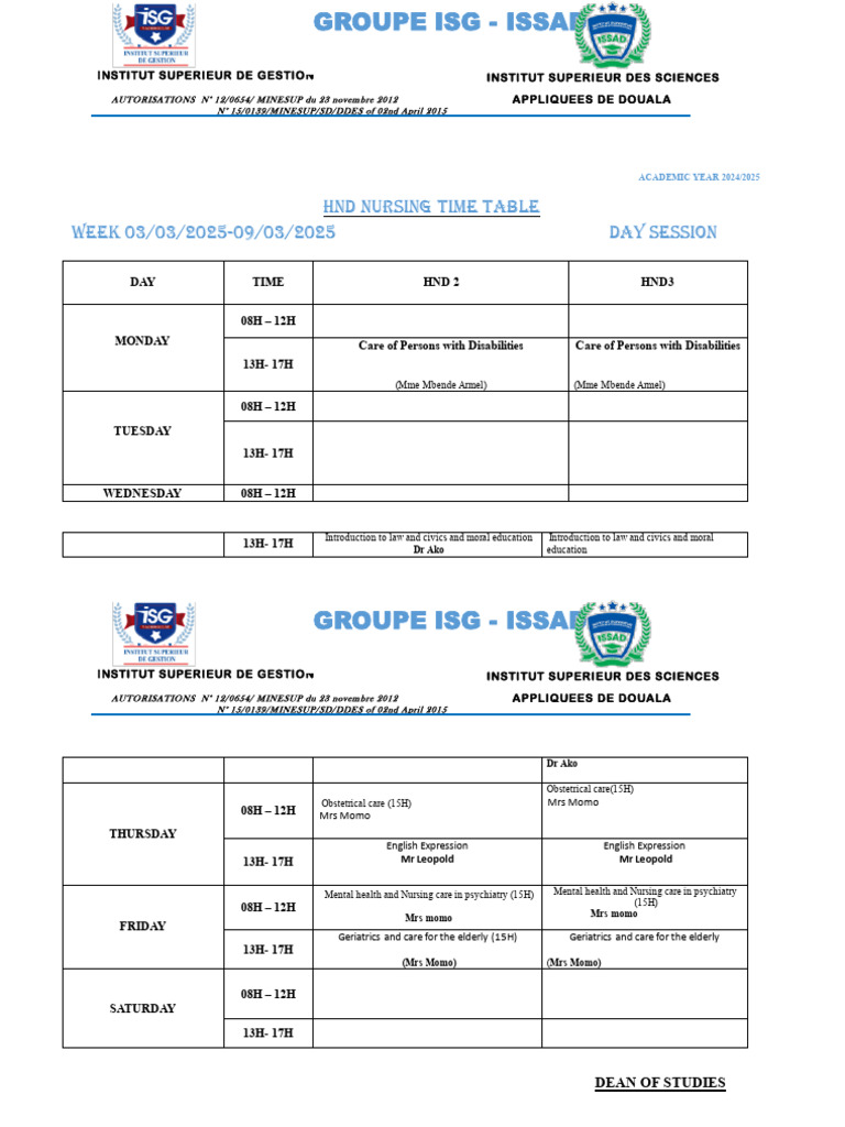 HND 2&3 Nursing Timetable-7 | PDF | Health Care | Medicine