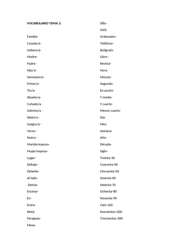 Vocabulario Esencial en Español: Familia y Comida | PDF