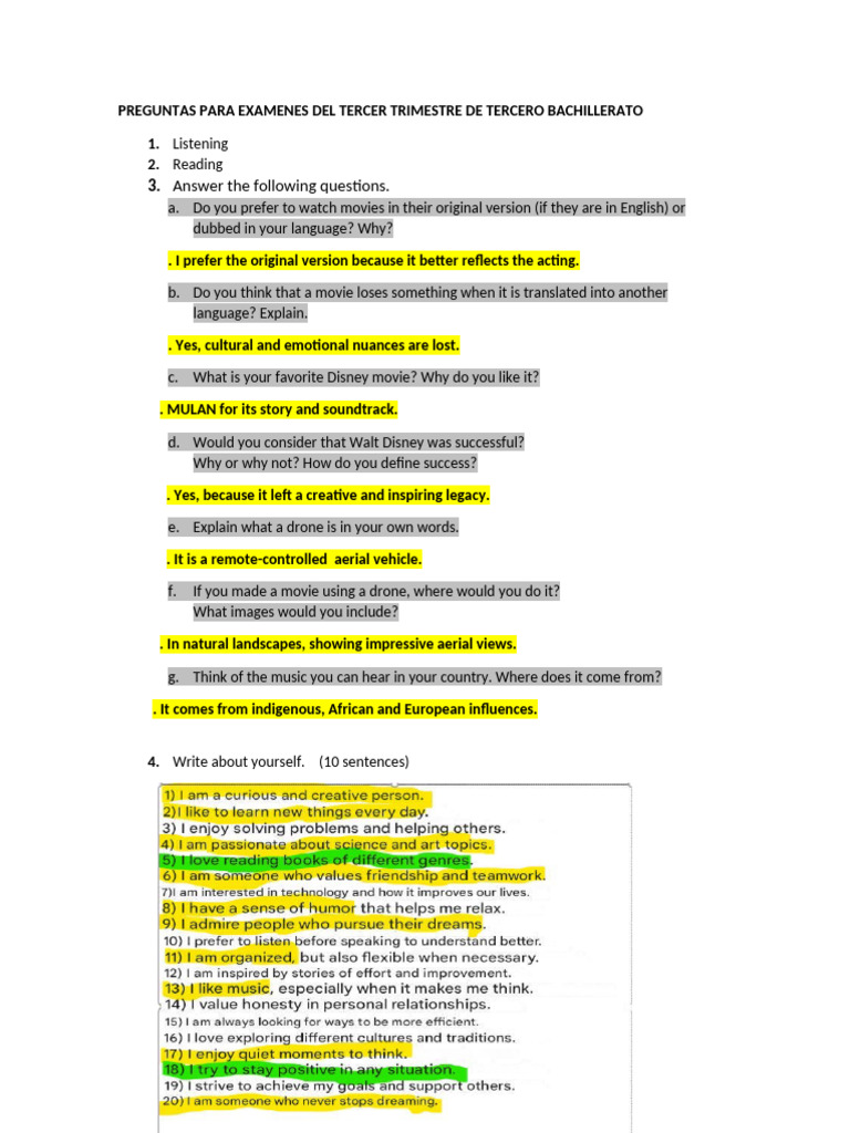 Preguntas para Examenes Tercer Trimestre de Tercero Bachillerato | PDF