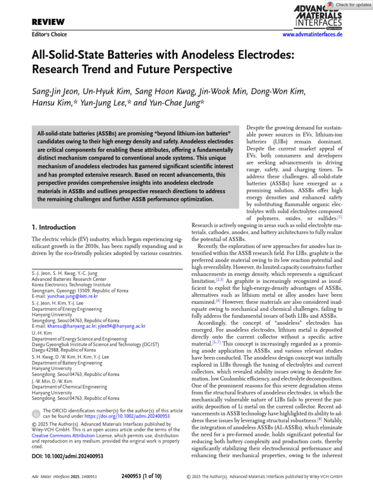 Adv Materials Inter - 2025 - Jeon - All Solid State Batteries With ...