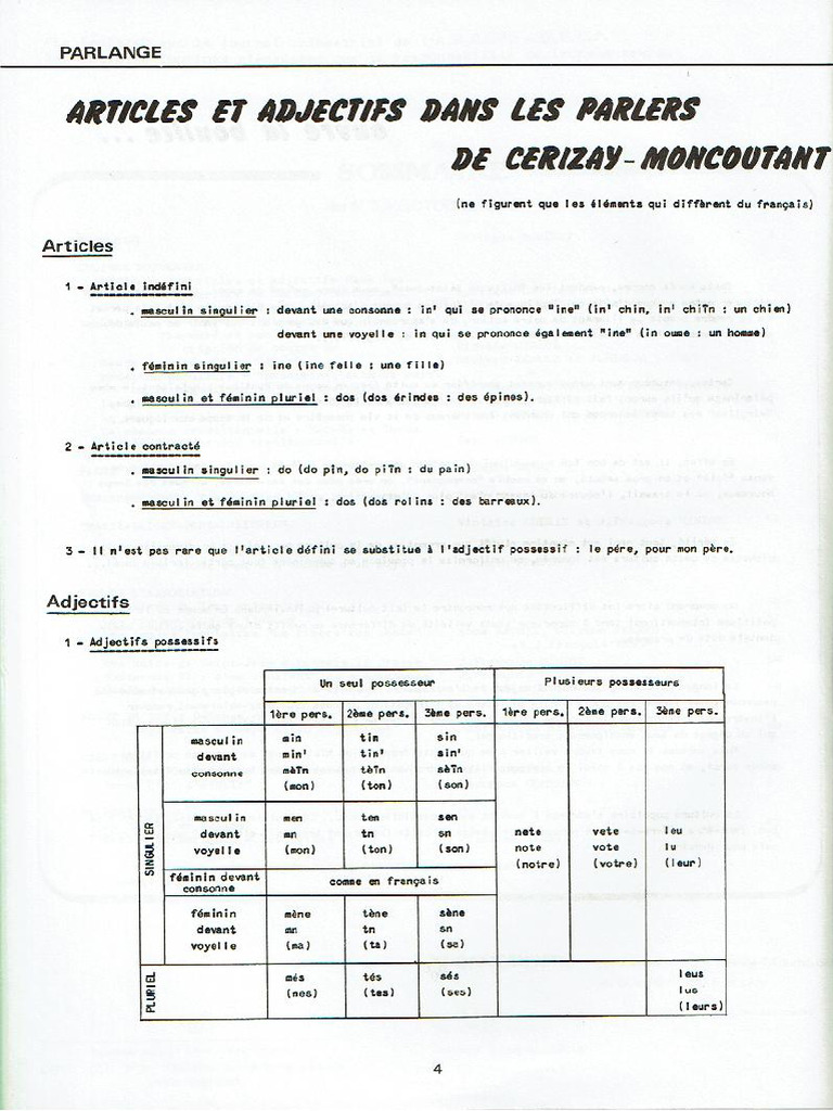 Articles Et Adjectifs Dans Les Parlers de Cerizay-Moncoutant + Boére Pi ...
