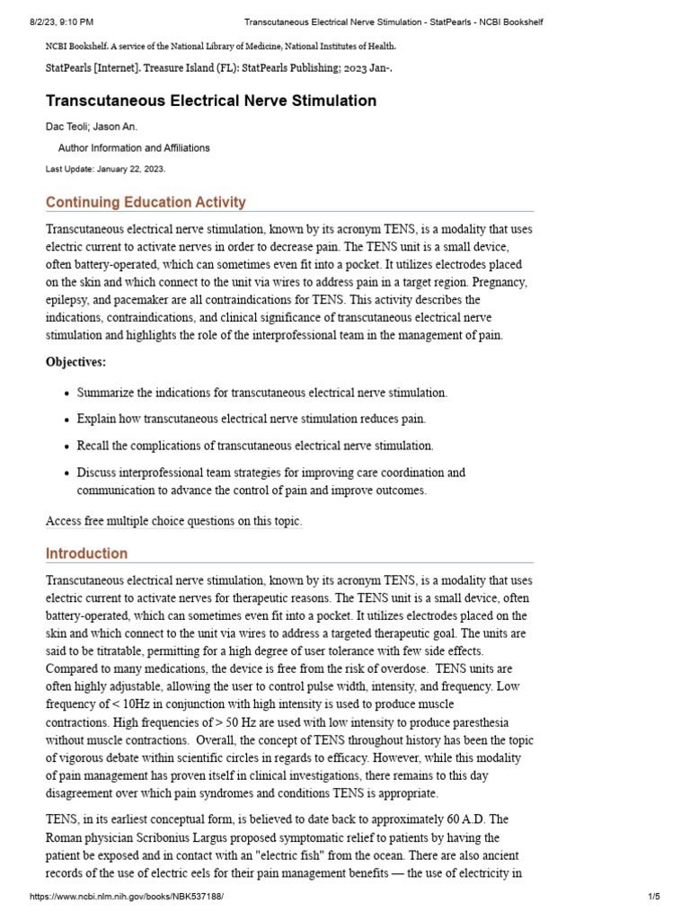Transcutaneous Electrical Nerve Stimulation - StatPearls - NCBI ...