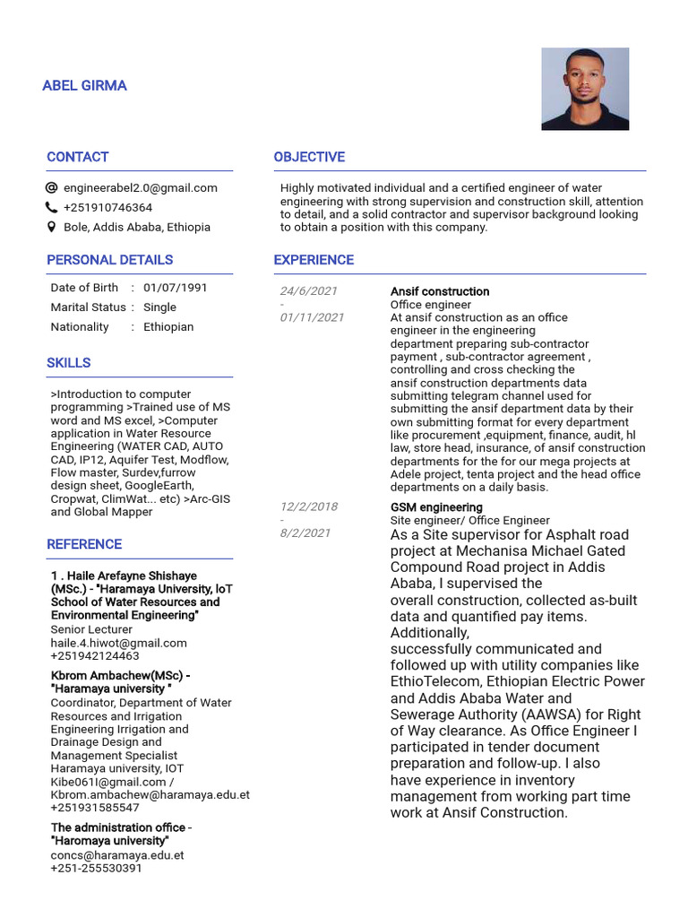Water Engineering Resume of Abel Girma | PDF | Water | Environmental ...