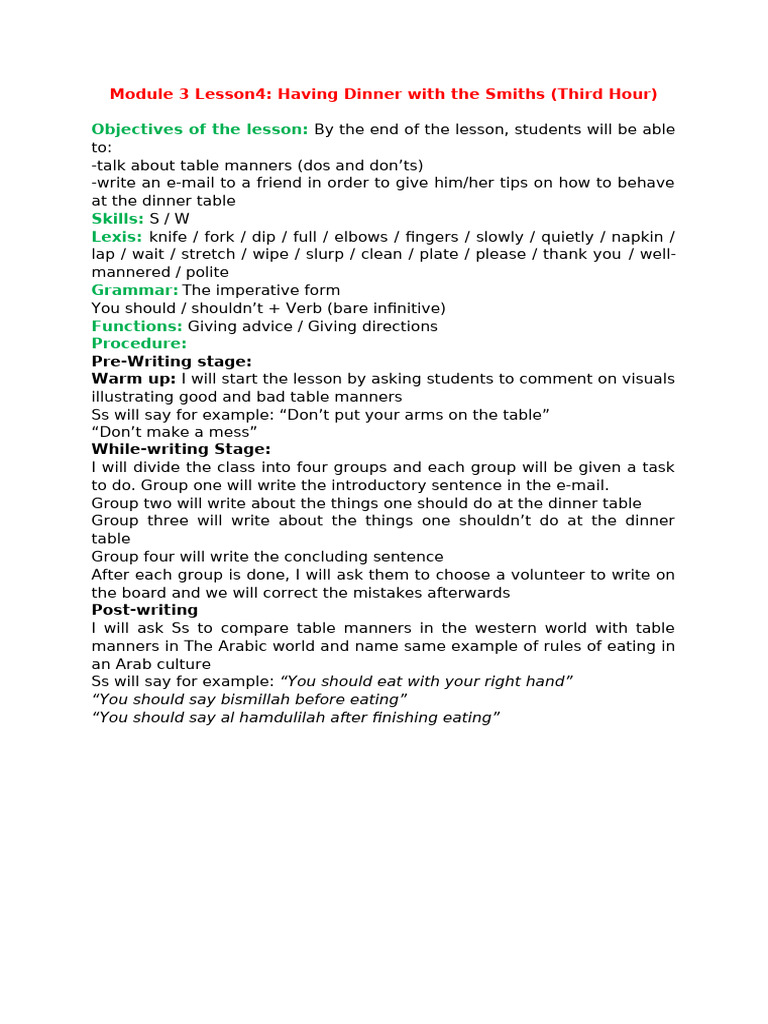 Dinner Etiquette Lesson Plan | PDF