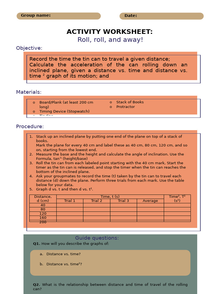 Tin Can Acceleration Experiment Worksheet | PDF