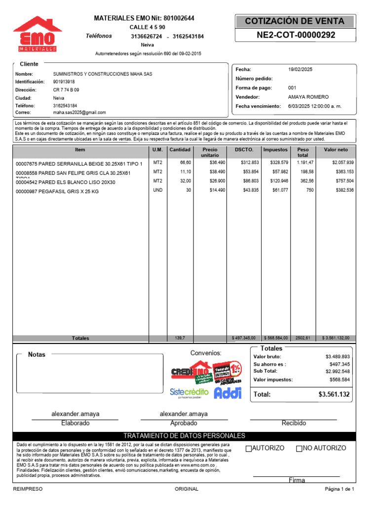 Cotización de Materiales EMO S.A.S | PDF | Factura