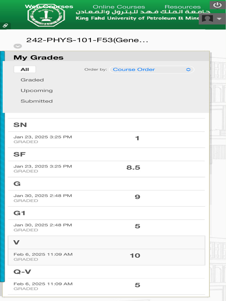 My Grades - 242-PHYS-101-F53 (General Physics I) | PDF