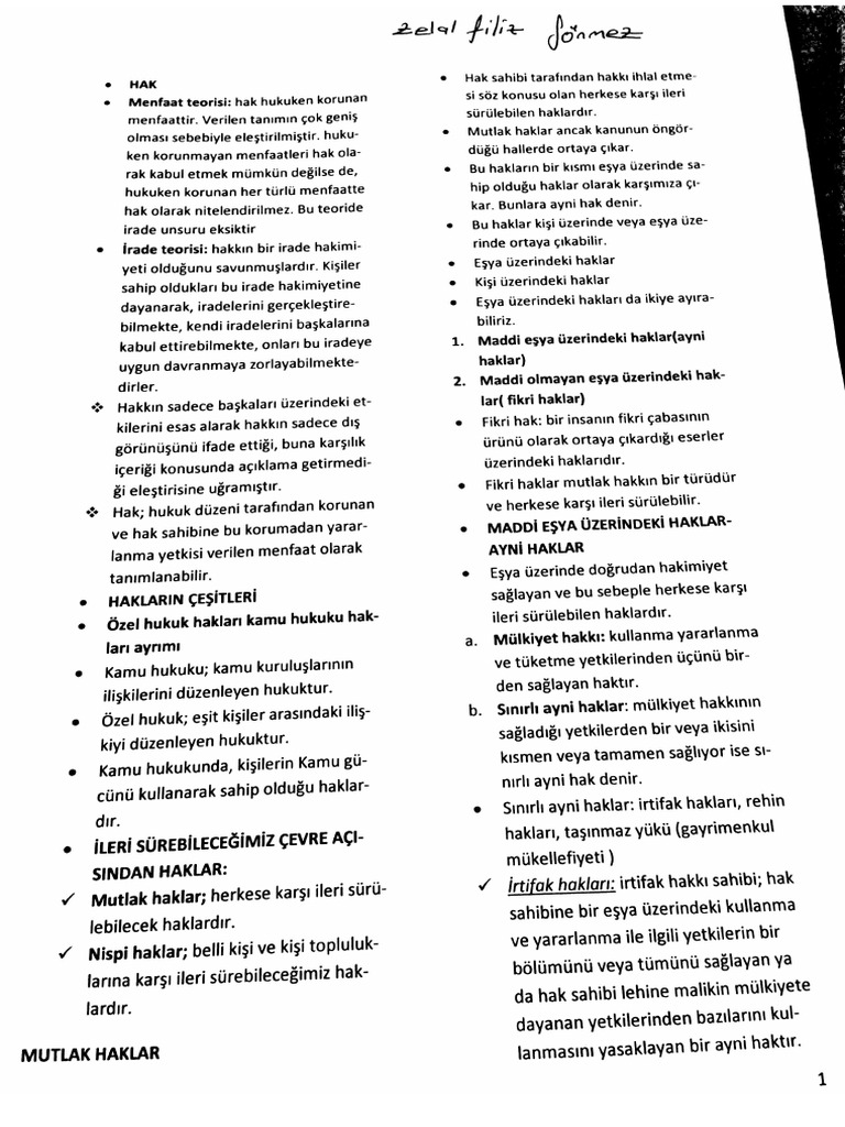 Medeni Özet Not - Zelal Filiz Sönmez | PDF