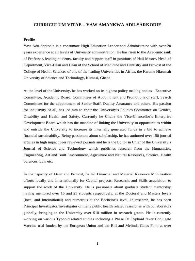 Curriculum Vitae - Yaw Amankwa Adu-Sarkodie: Profile | PDF | Medical School | Hiv/Aids