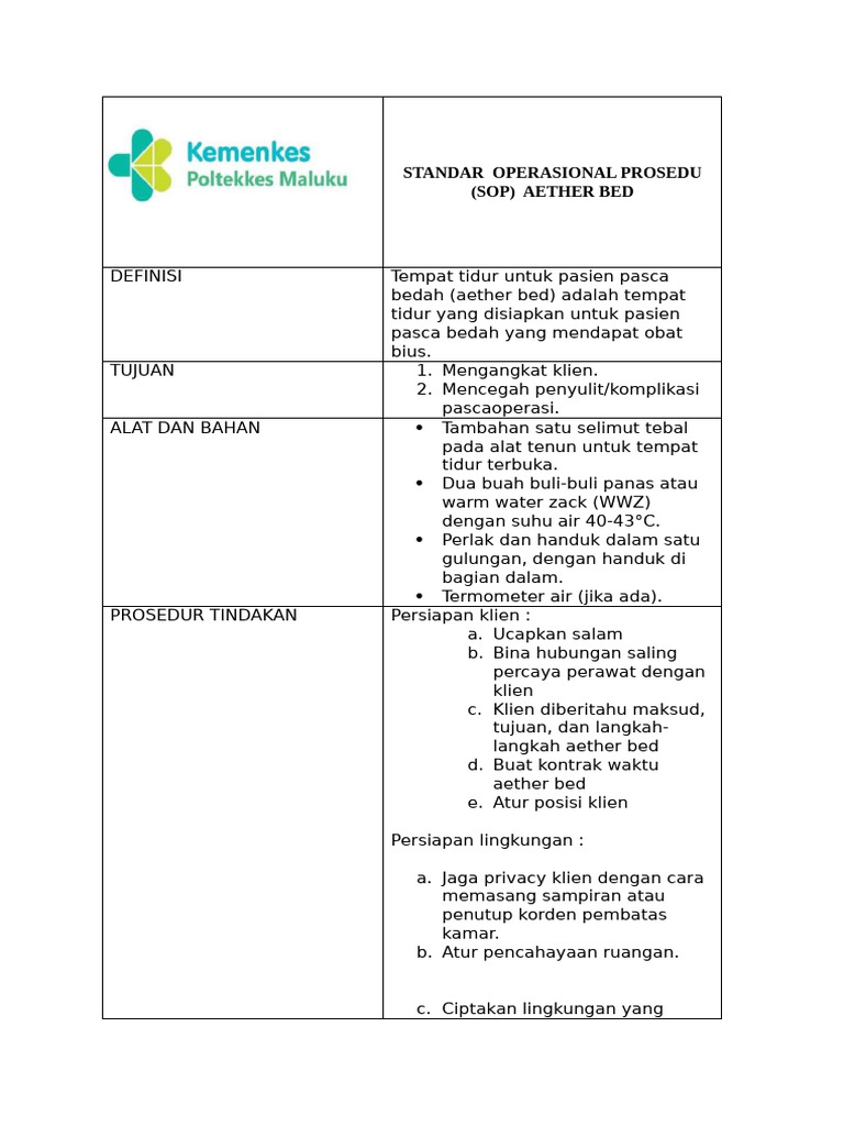 Standar Prosedur Operasional (Spo) Aether Bed | PDF