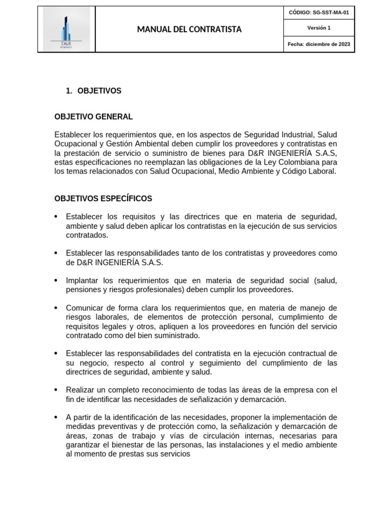 SG-SST-MA-01 Manual Del Contratista D&R INGENIERÍA | PDF | Residuos | Seguridad y salud ocupacional