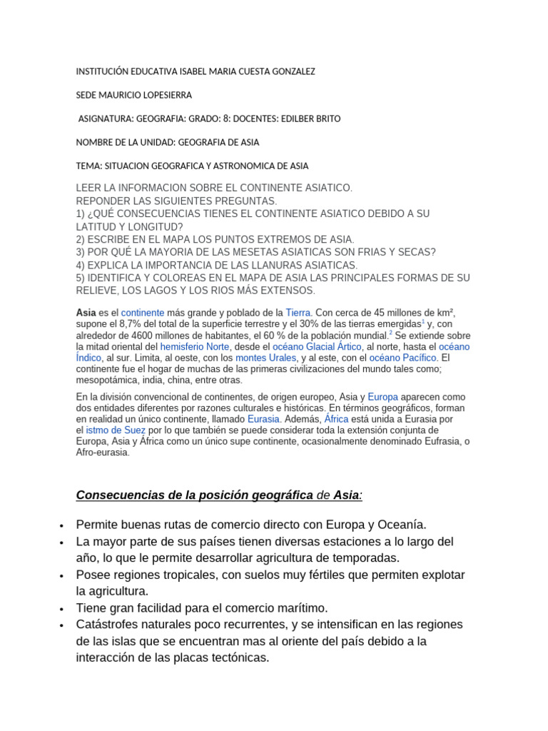 Geografia de Asia 8 Grado | PDF