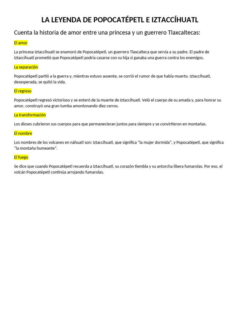 Leyenda de Popocatépetl e Iztaccíhuatl | PDF