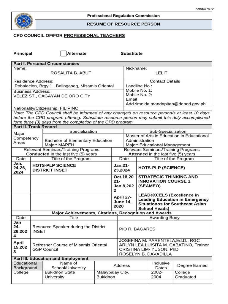 Resource Person Resume for CPD Council | PDF