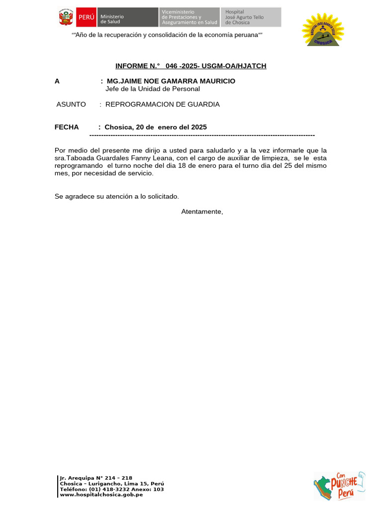 Informe #046-2025-Reprogramacion de Guardia | PDF