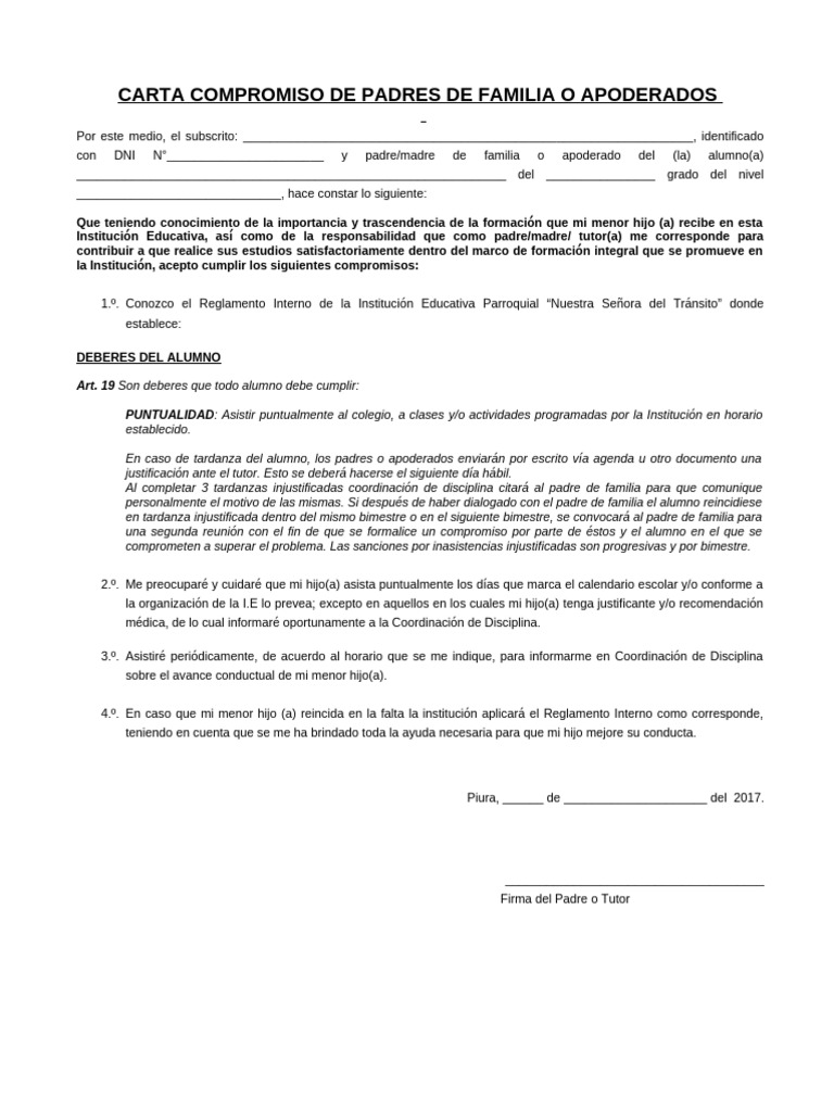Carta Compromiso de Padres de Familia o Apoderados | PDF | Ropa