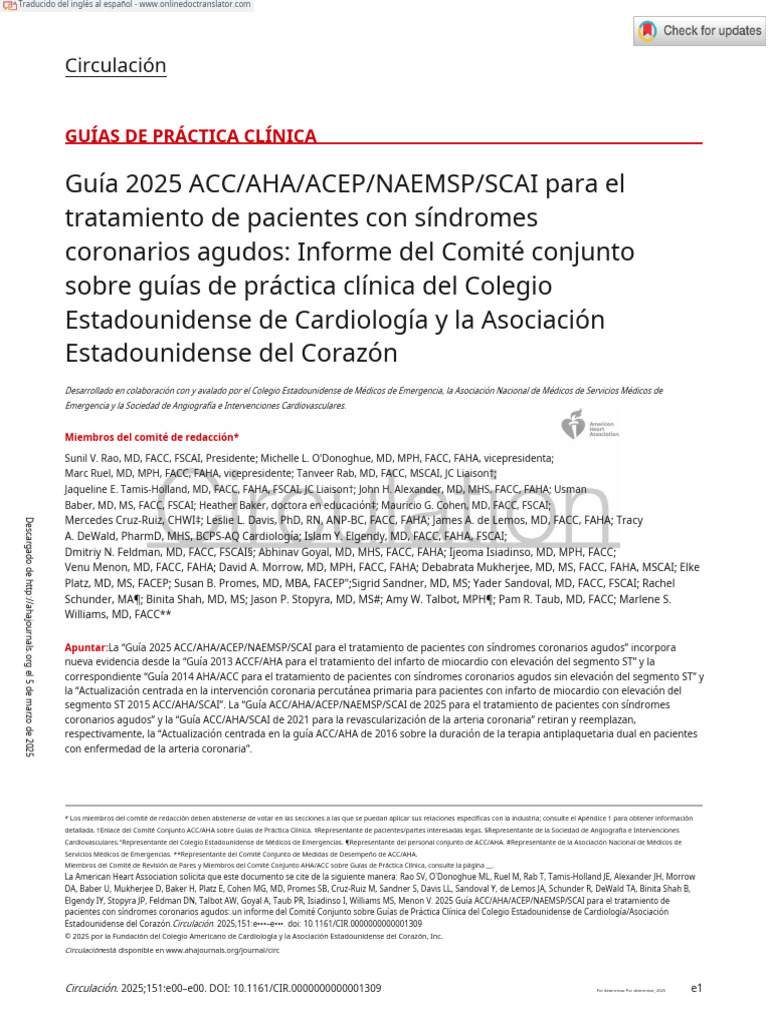 Actulizacion Aha/acc/sca 2025 Sobre Manejo de Sindromes Coronarios en Español PDF | PDF ...