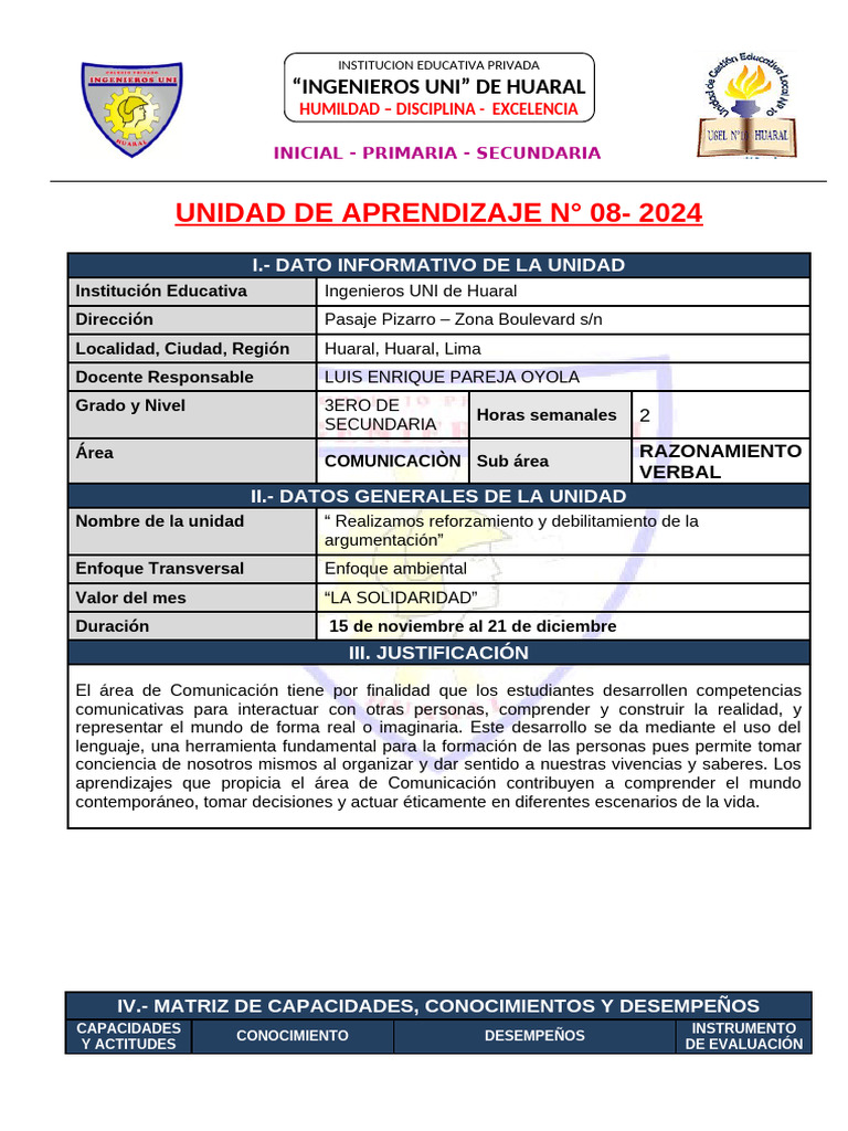 Unidad de Aprendizaje Nro 8 3ero | PDF | Aprendizaje | Comunicación