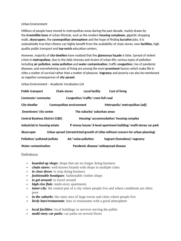 Urban Environment Vocabulary | PDF | Cost Of Living | Urban Sprawl