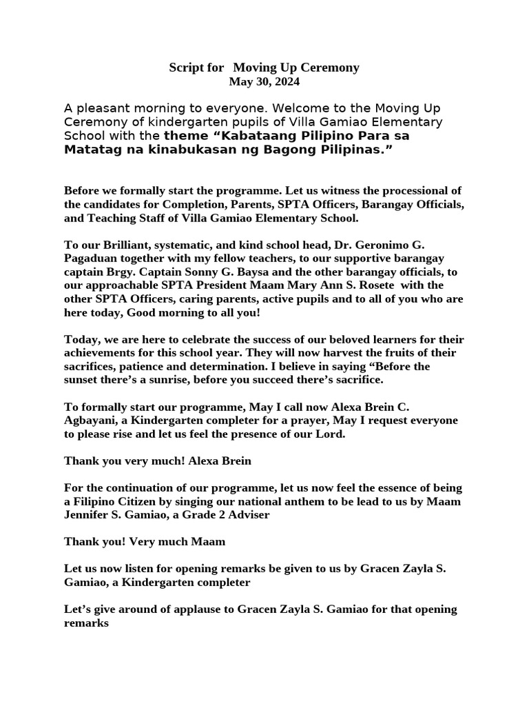 Kindergarten Moving Up Ceremony | PDF