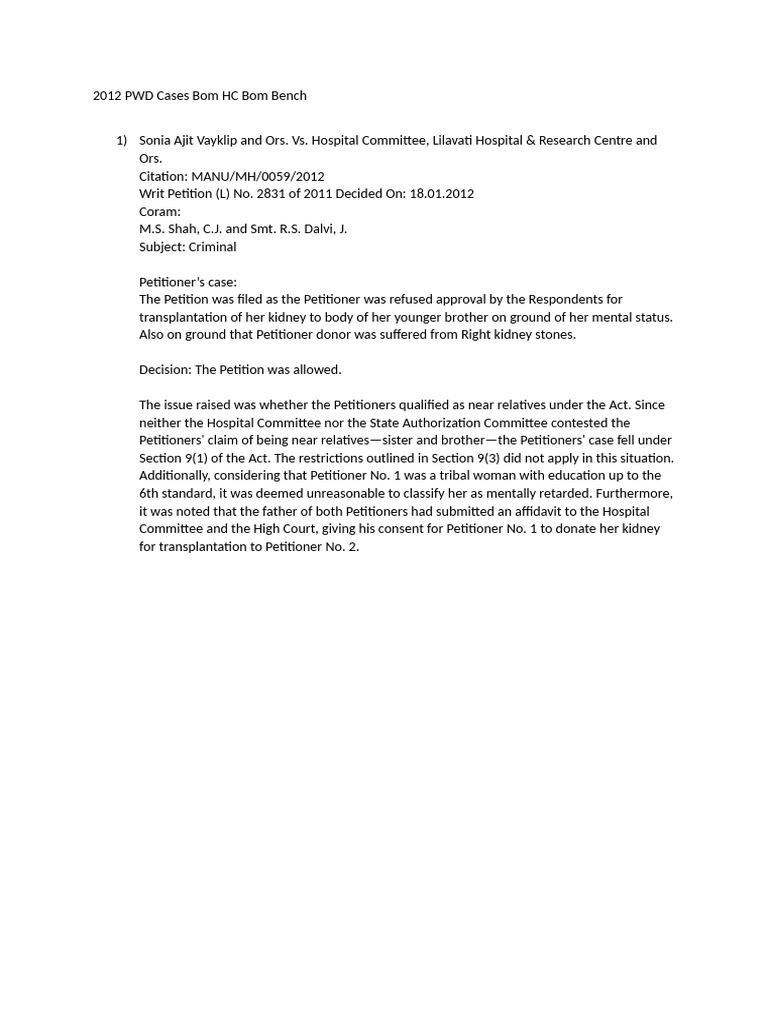 2012 PWD Cases Bom HC Bom Bench | PDF | Disability | Public Law