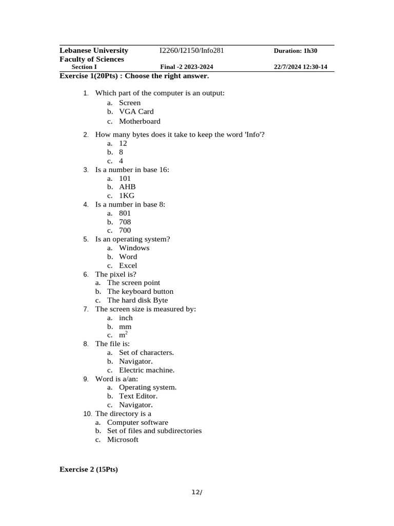 EX I2260 Final s2 Eng 2023 2024 | PDF | Computer File | Operating System