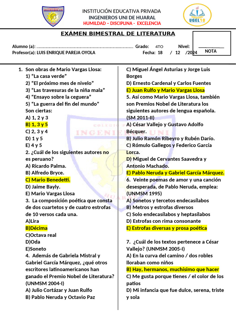 Examen de Literatura Cuarto Sec | PDF | Poesía