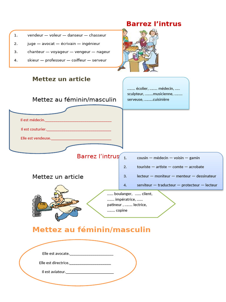 Professions Masculin Et Feminin Exercice Grammatical | PDF