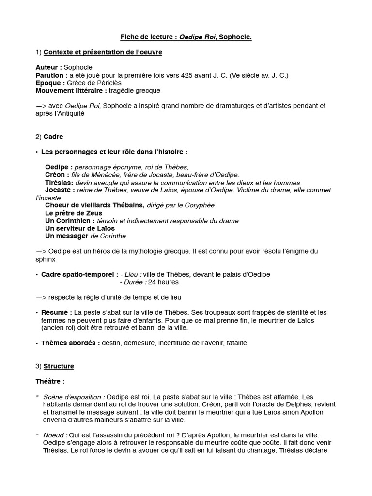 Fiche de lecture : Œdipe Roi de Sophocle | PDF | Œdipe | Mythologie de ...