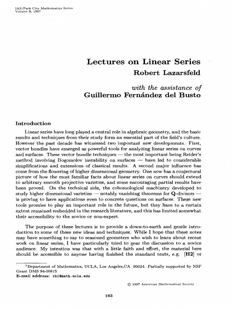 Lazarsfeld Lectures Linear Series | PDF