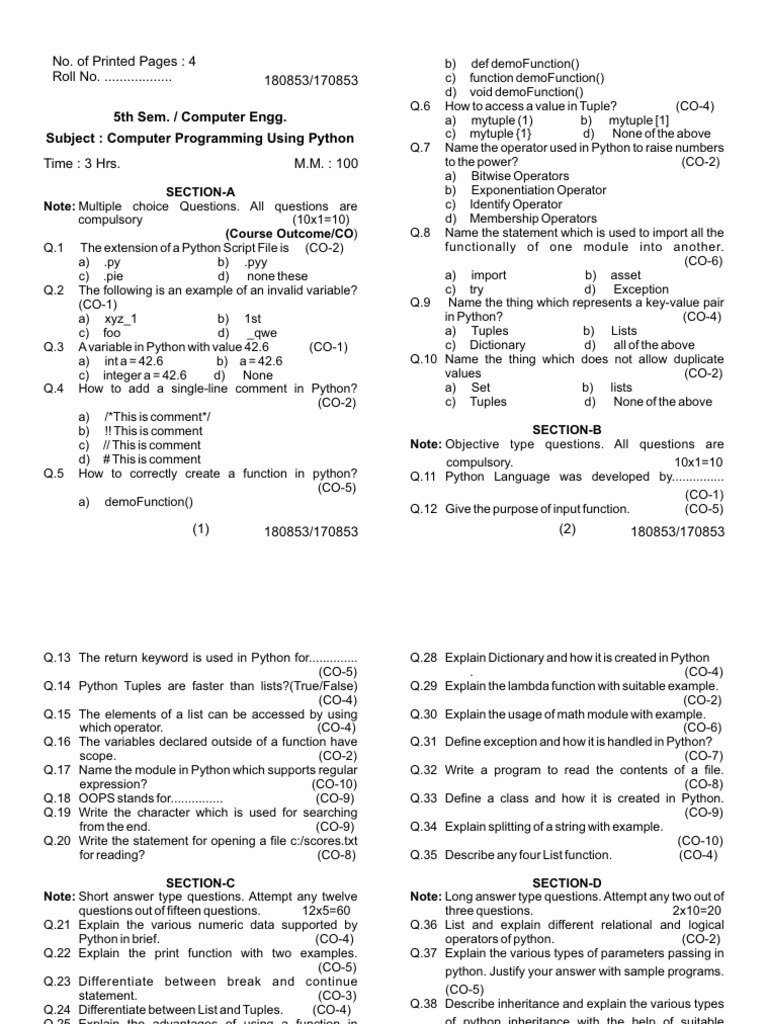 Computer 5 Sem Computer Programming Using Python v2 180853 2023 | PDF | Python (Programming ...